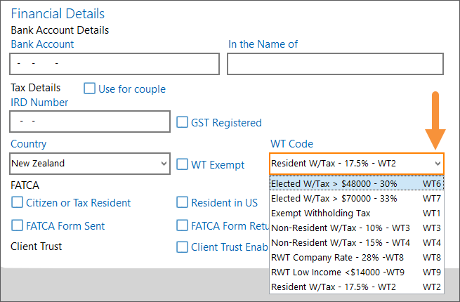 Withholding Tax - On Name or Client Record