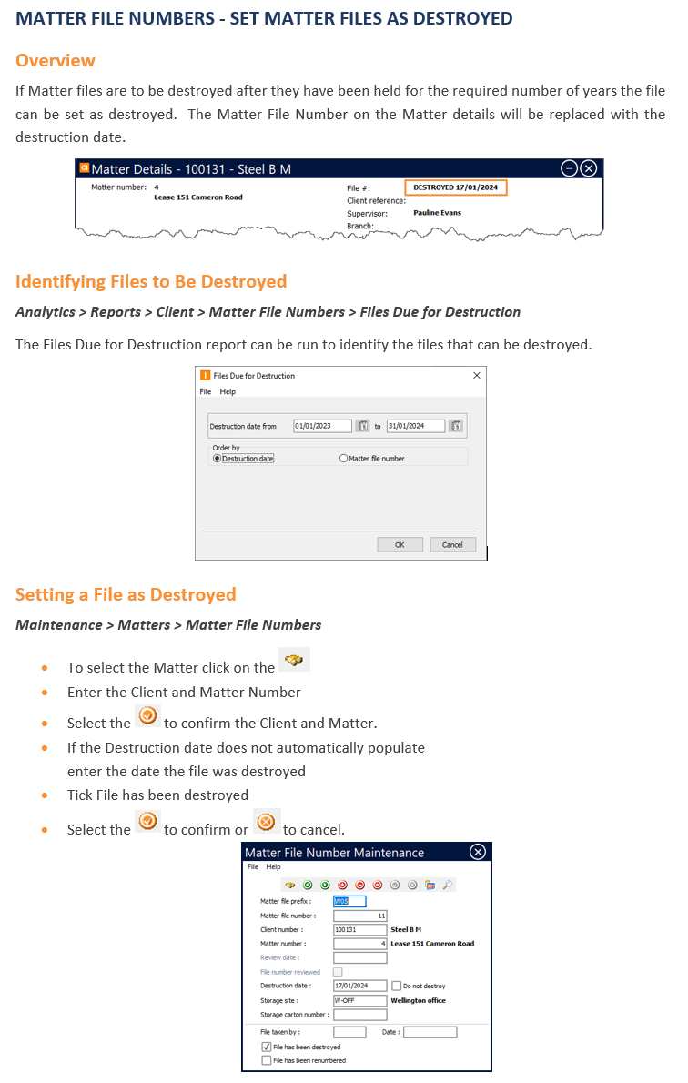 Matter File Numbers - Set File as Destroyed