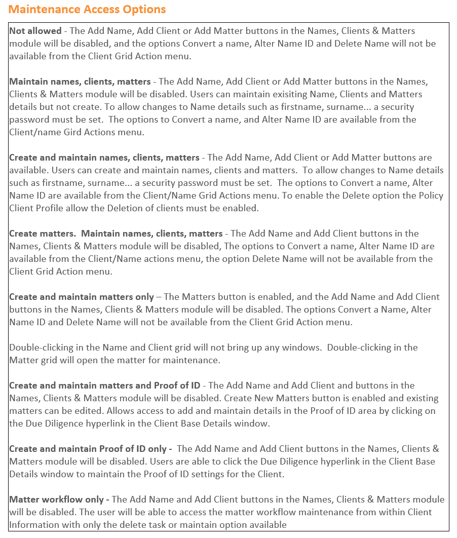 User Management - Security Access Options - Names Clients Matters