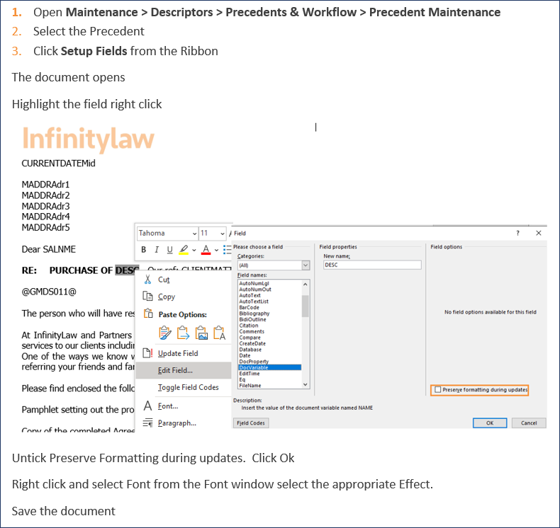 Precedents - How to Correct the Format of a Font